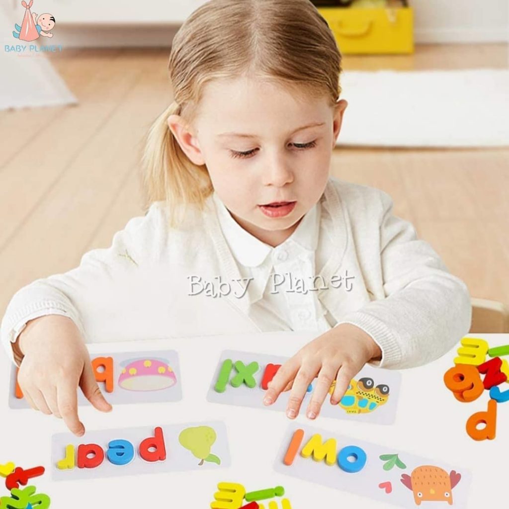 Spelling Game with Wooden Alphabets and Flash Cards - Baby Planet